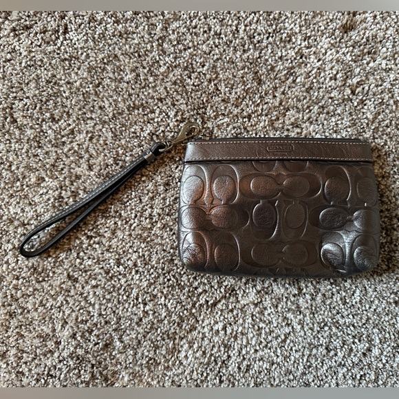 Coach | Bags | Coach Embossed Signature Leather Wristlet Silver Zip ...